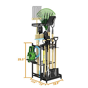 GILLAS Garden Tool Organizer for Garage, Utility Storage Racks with Hooks, Metal Yard Tool Stand Holder Organizer for Long-Handled, Broom, Shovel, Rake, Sturdy Heavy Rack for Outdoor, Yard, Black
