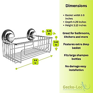 Gecko-Loc Large Deep Suction Cup Bathroom Shower Caddy Storage Basket Organizer – Silver