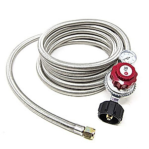 GasOne 12 ft Propane Hose and Regulator High Pressure 0-30PSI with PSI Gauge Propane Hose Universal QCC1 for Propane Gas Grill, Propane Heater and Propane Fire Pit, 3/8" Female Flare Nut