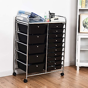 Giantex 15 Drawer Rolling Storage Cart Tools Scrapbook Paper Office School Organizer, Black