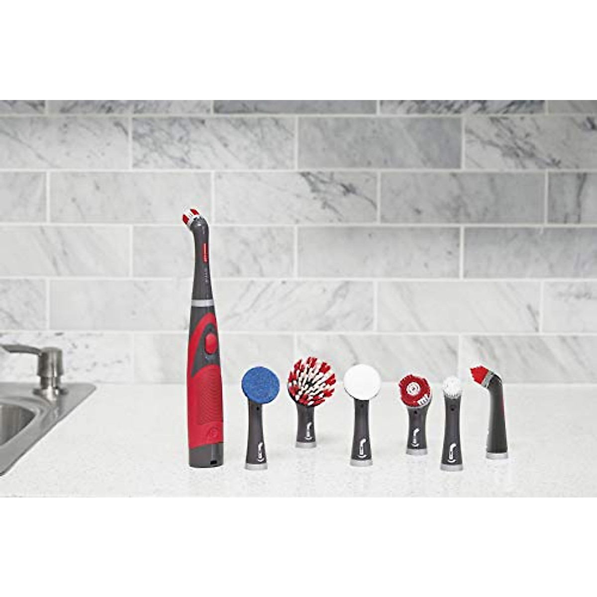 Rubbermaid Reveal Cordless Battery Power Scrubber Home Kit, 18 Pieces, Red, Multi-Purpose Scrub Brush Cleaner for Grout/Tile/Bathroom/Shower/Bathtub, Water Resistant, Lightweight, Ergonomic Grip