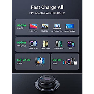 UGREEN 69W USB C Car Charger, PD 65W&PD 20W&SCP 22.5W/QC 18W Type C Car Charger Fast Charging, Car Charger Adapter Compatible with iPhone 14/13/12/11/iPad/Mac Book, Galaxy S23/S22/S21/S20/S10/Note 20