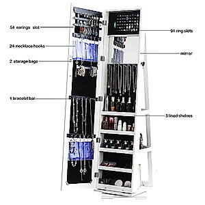 Bonnlo Jewelry Armoire with 360 Rotation Base, 57 x 10 inch Mirror, Freestanding, Cosmetic Storage