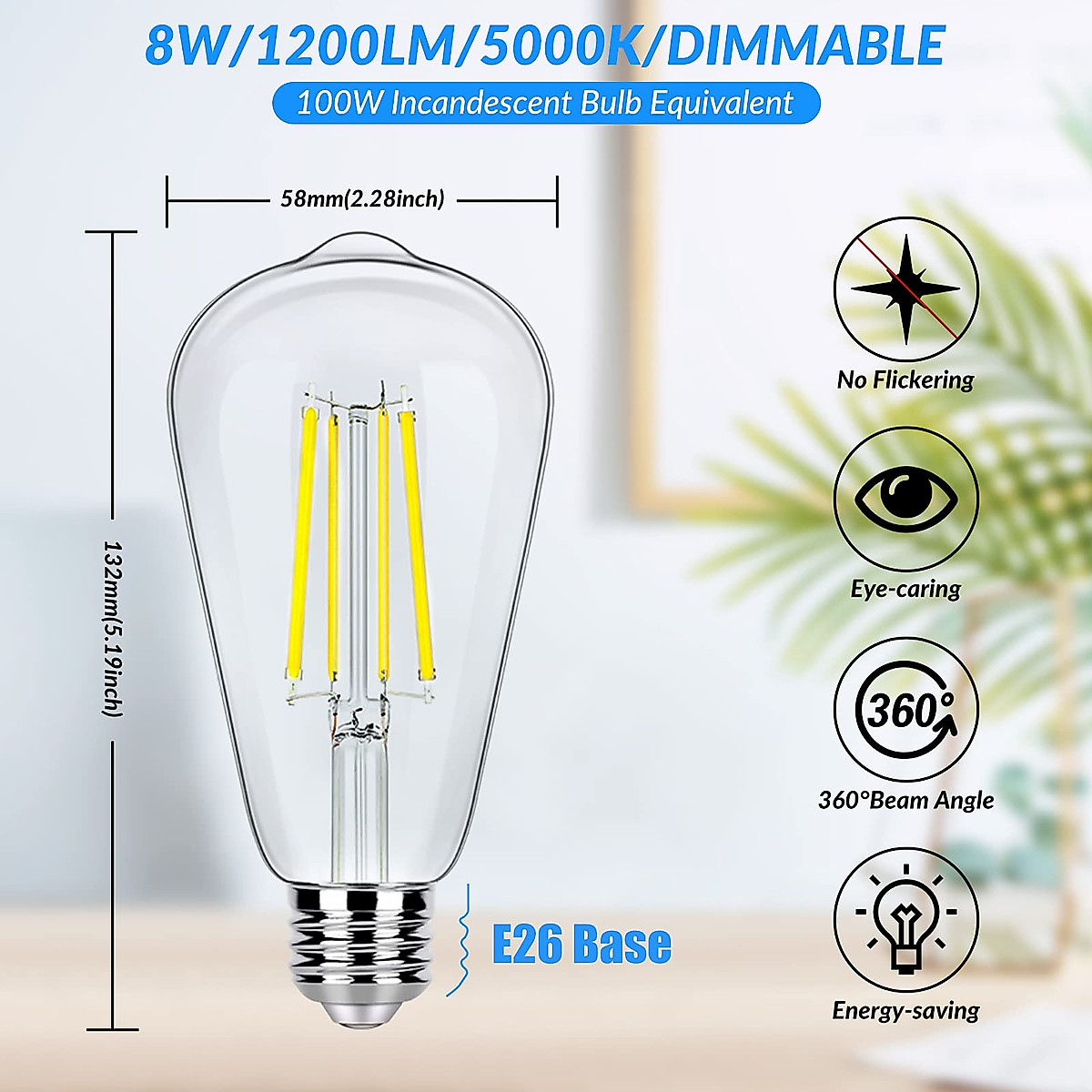 Dimmable Vintage LED Edison Light Bulbs 100W Equivalent, 8W ST58 Daylight White 5000K 1200Lumens ST19 Antique LED Filament Bulbs, E26 Base, Clear Glass, CRI90+, Great for Home Bathroom Kitchen(4 Pack)