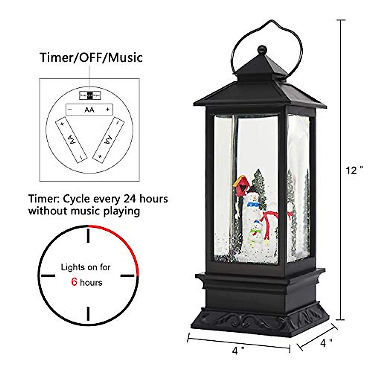 Eldnacele Christmas Snow Globe Lantern with Music, Battery Operated Lighted Swirling Glitter Water Lantern with Timer for Christmas Home Decoration, Snowman