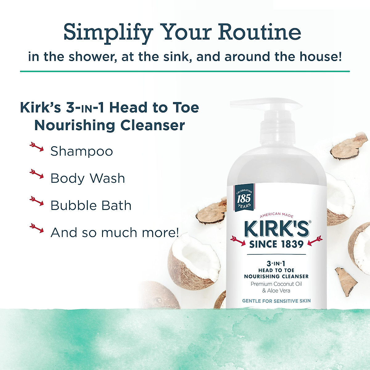 Kirk's 3-in-1 Head to Toe Nourishing Liquid Cleanser & Travel Size Bar Soap - for Men, Women & Children - Premium Coconut Oil & Aloe Vera- Non GMO & Vegan -Mint & Eucalyptus - 32 Fl Oz