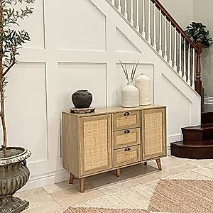 PHI VILLA Sideboard Buffet Cabinet with Storage Console Table Woven Rattan Cabinet Coffee Bar Kitchen Dining Room Living Room Storage Cabinet Accent Cabinet with Doors and Drawers