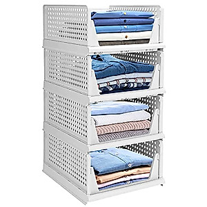 Set of 4 Stackable Closet Wardrobe Storage Bins Organizer (Easy Open and Folding), Plastic White Wardrobe Shelves Closet Organiser Box, Pull Out Like a Drawer, Suitable for Home, Bedroom, Kitchen