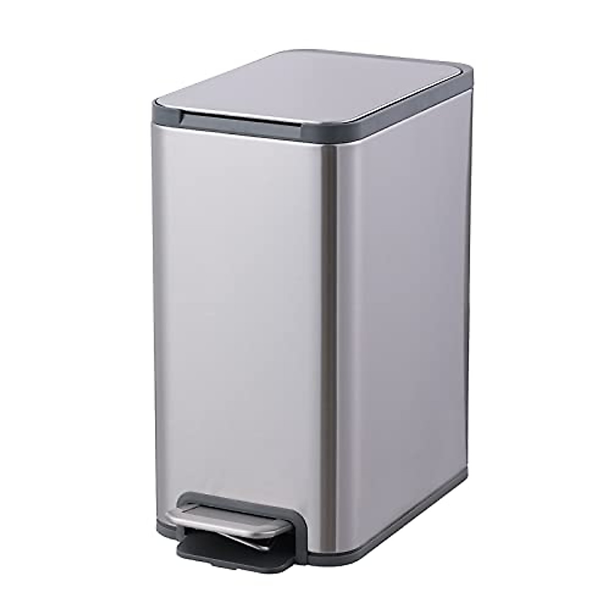 ELPHECO 1.3 Gallon / 5 Liter Rectangular Step Trash Can with Plastic Inner Buckets, Brushed Stainless Steel Narrow Bathroom Trash Can with Lid, Slim Bathroom Wastebasket with Foot Pedal, Brushed Silver
