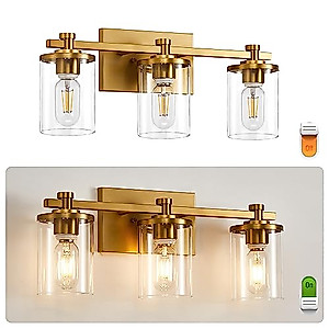 yenlacy 3 Light Bathroom Vanity Light Fixtures, Modern Gold Vanity Lights Over Mirror, Vintage Wall Sconce with Clear Glass Shade, Brushed Gold Vanity Lights for Bathroom