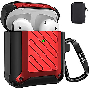 Maxjoy for Airpods 2 Case Cover, Airpods Protective Case Rugged Full-Body Hard Shell Shockproof Cover with Keychain Compatible with Apple Airpods 2 1 Charging Case (Front LED Visible), Red