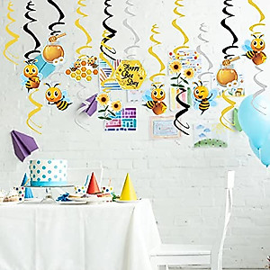 UOMNICUE Bee Hanging Swirl Decorations,30 PCS Double Sided Bumble Bee Swirls Foil Ceiling Streamers Honey Bee Theme Party Supplies for Kids Birthday Baby Shower Bee Day Spring Summer Party Decoration