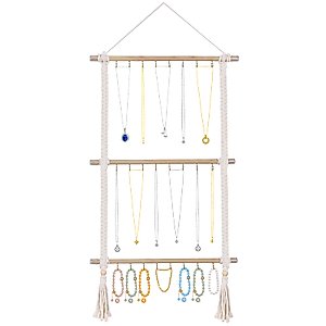Hutuzldz Hanging Jewelry Organizer, Macrame Necklace Holder with 30 Hooks, Wall Mounted Necklace Rack with Tassel for Girls Bracelet Earrings Headband Bow Display (Macrame)