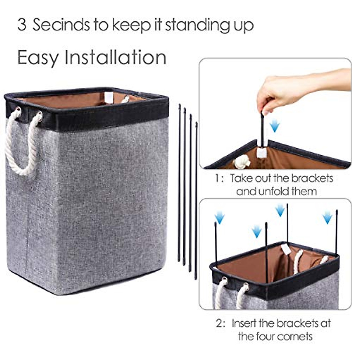 JYHJ Laundry Hamper with Handles Hampers for Laundry Foldable Fabric Laundry Basket Built-in Lining with Detachable Brackets for Bathroom Clothing Washing Storage, Grey