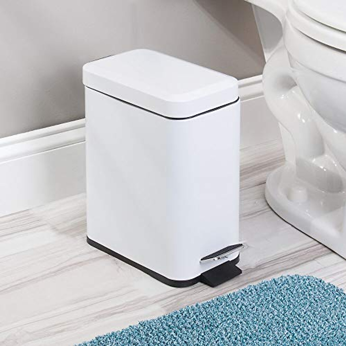 mDesign Small Modern 1.3 Gallon Rectangle Metal Lidded Step Trash Can, Compact Garbage Bin with Removable Liner Bucket and Handle for Bathroom, Kitchen, Craft Room, Office, Garage - White
