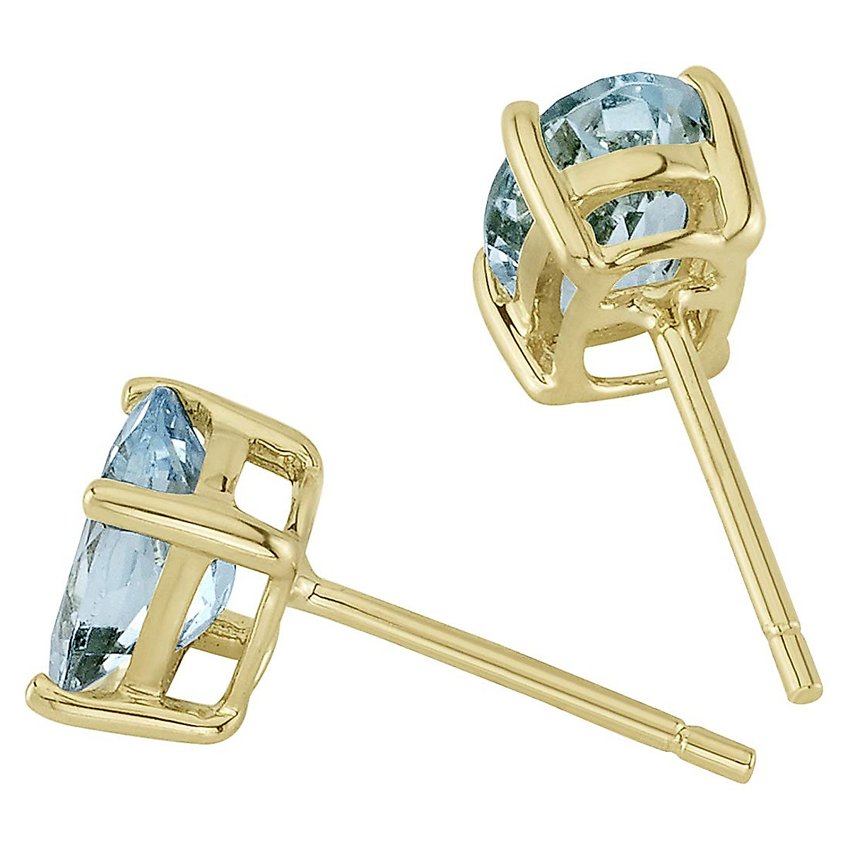 Peora Solid 14K Yellow Gold Aquamarine Earrings for Women, Genuine Gemstone Birthstone Solitaire Studs, Hypoallergenic 7x5mm Oval Shape, 1.25 Carats total, Friction Back