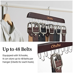 Belt Hanger Organizer for Closet: Ohuhu 16 Hooks Max 48 Belts Tie Rack Wooden Belt Holder for Storage 360 Degree Rotating Space Saver Organizer for Men Women Belt Tie Scarf Tank Top Accessories-Walnut