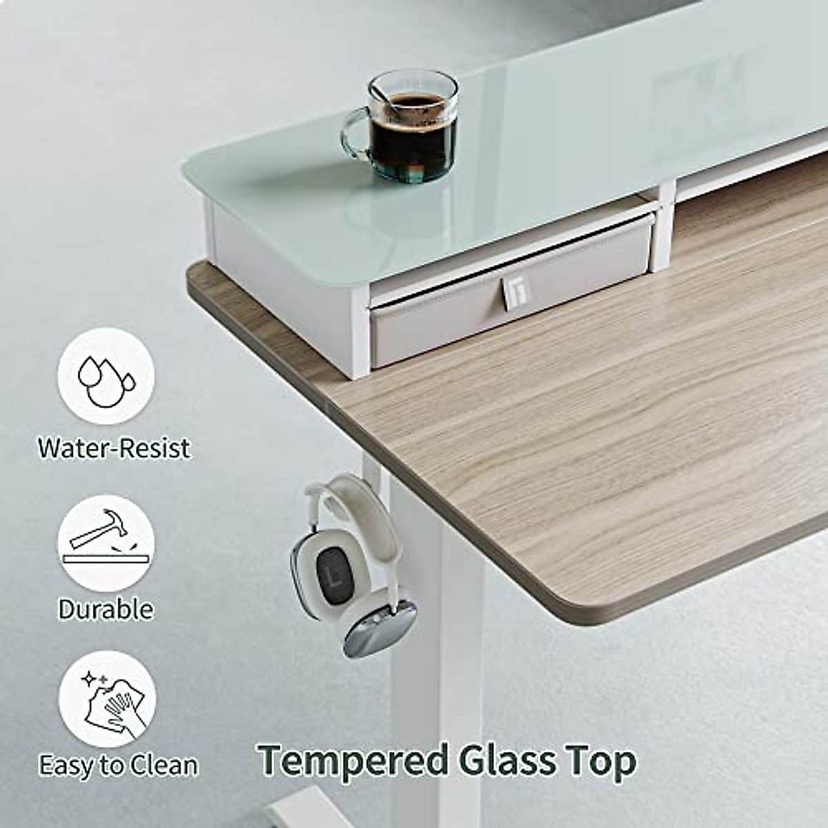FEZIBO Electric Standing Desk with Glass Top Monitor Stand,55 x 26 Inch Adjustable Sit Stand Up Table with Double Drawer, Sit Stand Desk with Storage Shelf, White Frame/Light Walnut Top