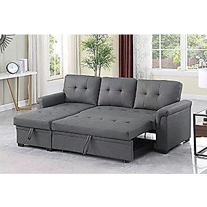 Lilola Home Lucca Performance Artificial Leather L-Shaped Pull-Out Sleeper Sofa Sectional with Reversible Storage Chaise and Solid Wood Frame, Gray