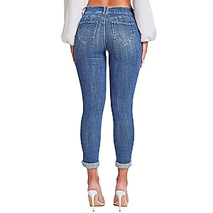 YMI Junior Women’s Wannabettabutt 2 Button Mid Rise Distressed Cuffed Denim Jeans (Medium wash Denim,3)