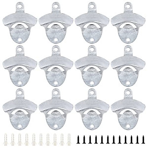 Kyuionty 12 Pcs Zinc Alloy Wall Mounted Bottle Opener, Vintage Beer Bottle Opener with Mounting Screws for Bars KTV Hotels Homes (Silver)
