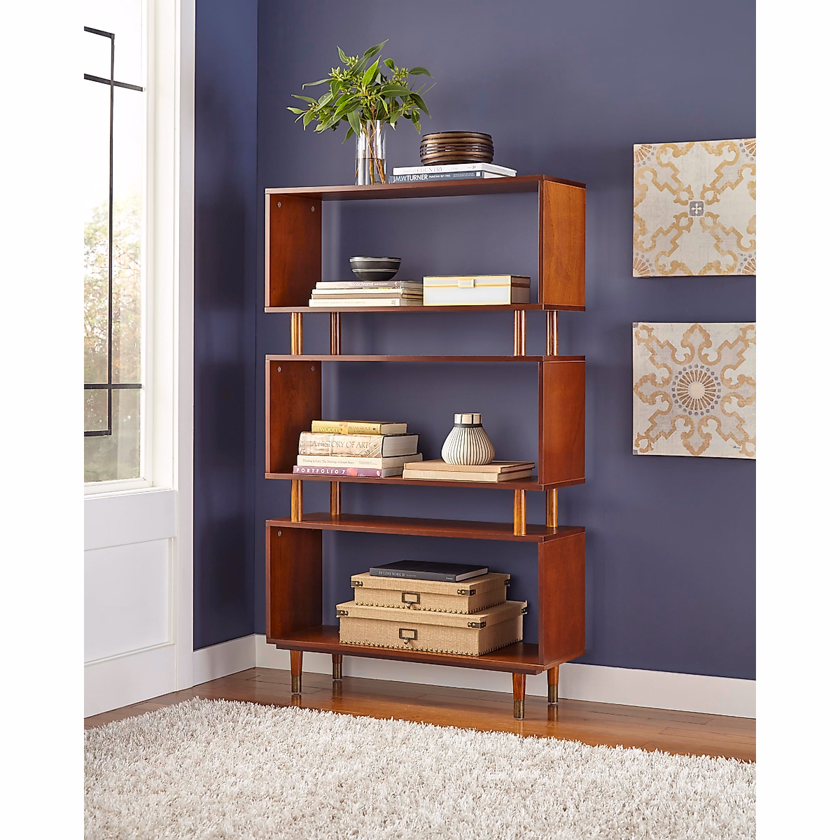 Target Marketing Systems Margo 3-Tier Bookshelf for Home Office, Study, Living Room, Bedroom, Entryway and Hallway, Mid-Century Style Open Bookcase, 36”W x 59.5”H, Walnut
