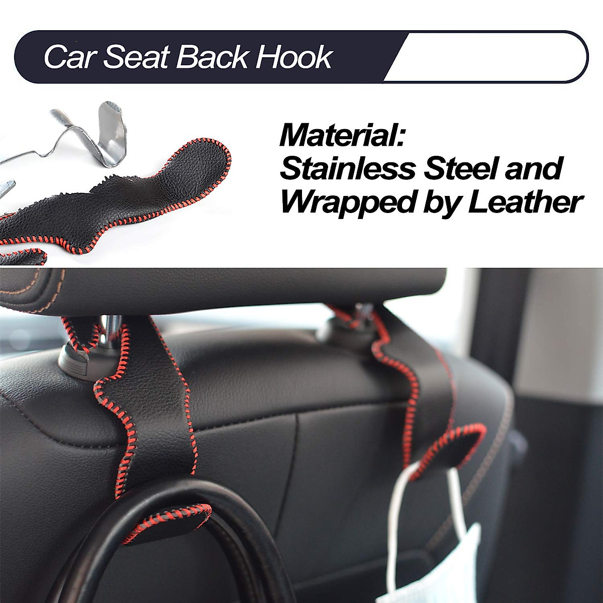 MECHCOS Car Seat Headrest Hooks for Car Back Seat Organizer Hanger Storage Hook Holder for Car SUV Organization Purse Shopping Groceries Bag Handbag, Black & Red, 2 Pack