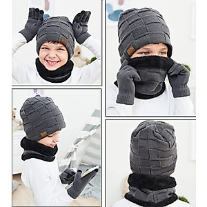 KMOLY Kids Winter Beanie Hat Scarf Touchscreen Gloves Set for Boys Girls 4-15 Years Warm Skull Cap Fleece Lined Knitted Hat (grey)