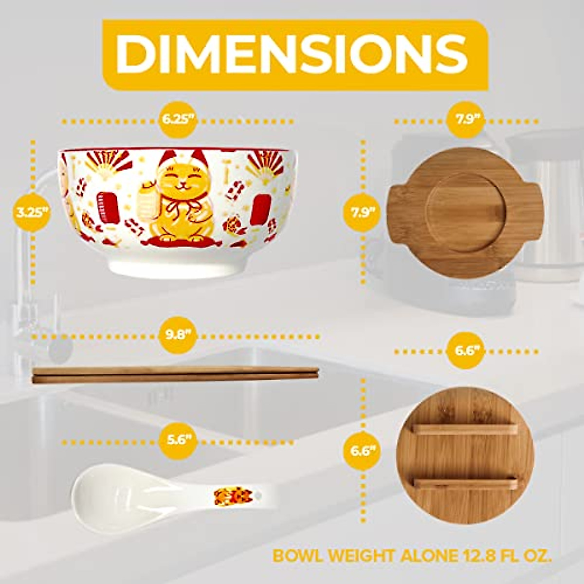 XWORLD Japanese Ceramic Ramen Noodle Bowls Set with Ceramic Spoon, Bamboo Chopsticks, Lid & Trivet, Serving Capacity of 33.8 OZ, Microwavable Oven Safety (3.3” x 6.6” D) (Lucky Cat)