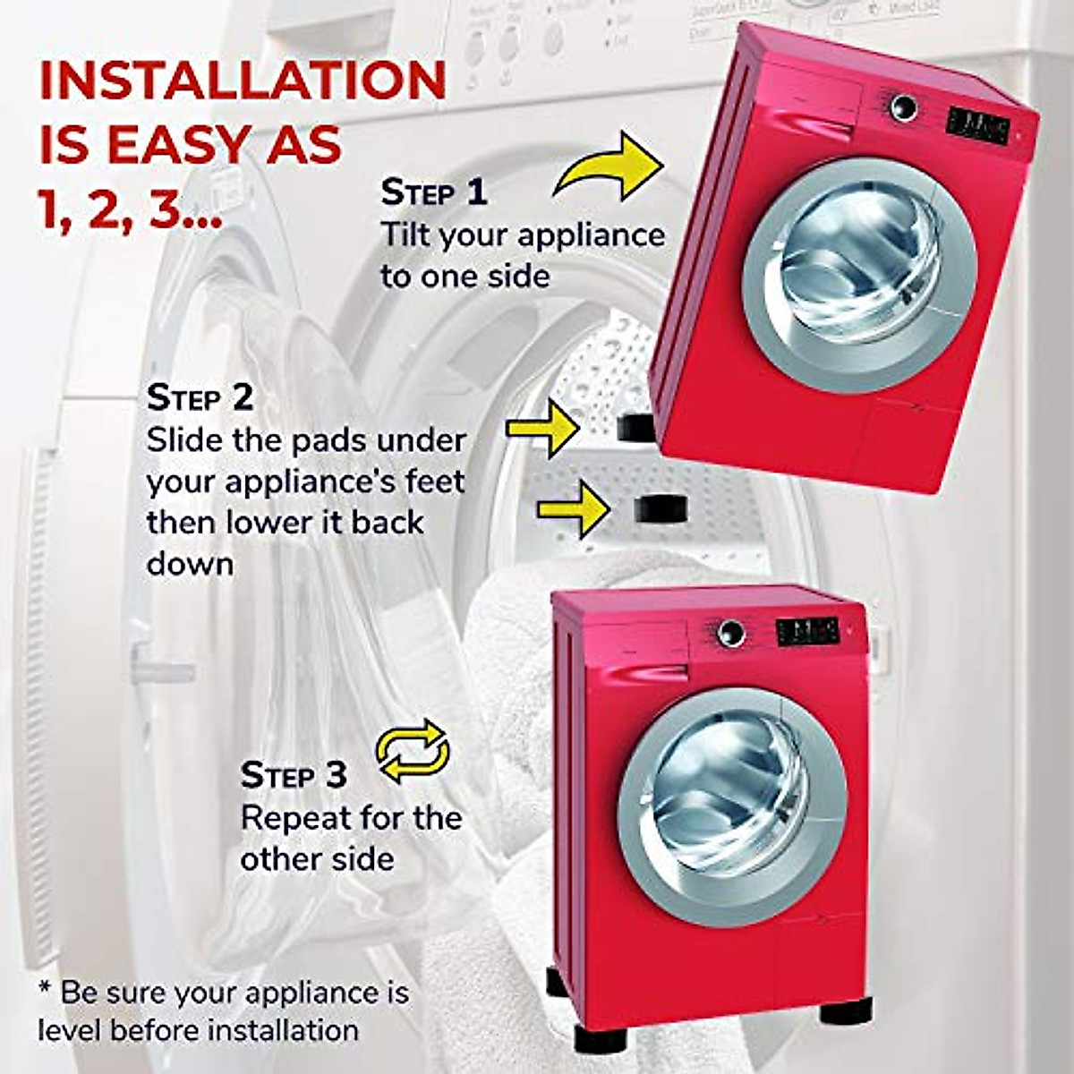 Anti Vibration Pads for Washing Machine with HexaGrip - Stops Washer Dryer Moving, Walking - Prevents Noise, Vibration Transfer - Rubber Antivibration Stabilizer Support Feet Mat - VIBRASHIELD 4 Pack