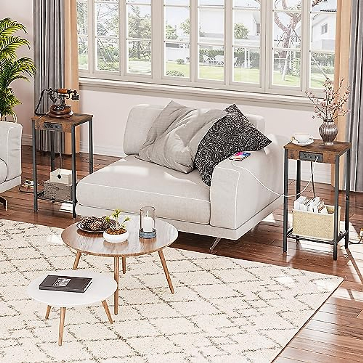 HOOBRO Tall Side Table with Charging Station, Industrial End Telephone Table with Mesh Shelf, Small Entryway Table, Slim Nightstand for Living Room, Hallway, Bedroom, Rustic Brown and Black BF08UDH01