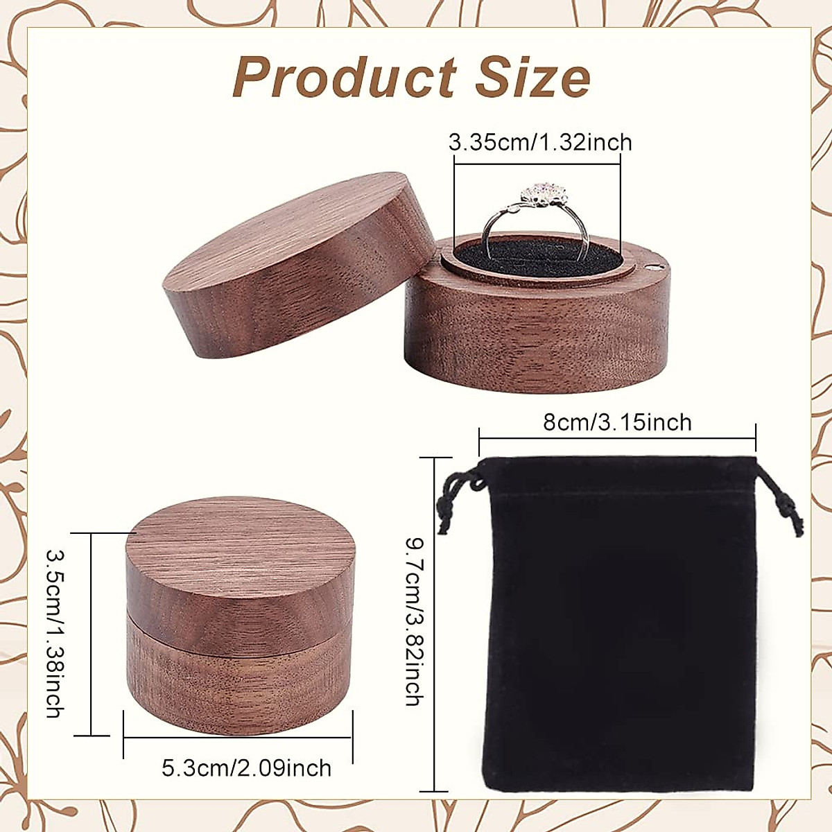FINGERINSPIRE Walnut Wooden Engagement Ring Box 2.1x1.4inch Black Velvet Lining Round Magnetic Buckle Design Jewelry Ring Box Wood Ring Box for Proposal Wedding Ring Storage（Come with a Velvet Bag）