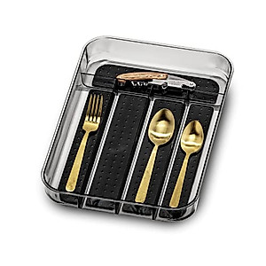madesmart Premium Antimicrobial Clear Soft Grip Mini Silverware Tray Non-Slip Kitchen Drawer, 5 Compartments, Multi-Purpose Home Organization, EPA Certified, Carbon