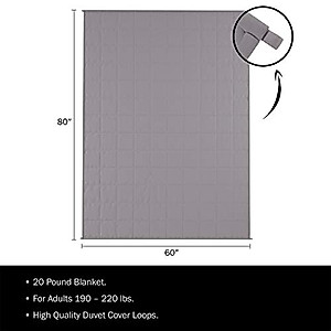 Lavish Home Weighted 20lb Throw Blanket- for Adults 190-220lbs- Ultra Soft Cotton 60x80 & Glass Beads-Natural Sleep Aid, Breathable & 10 Duvet Loops (Gray)
