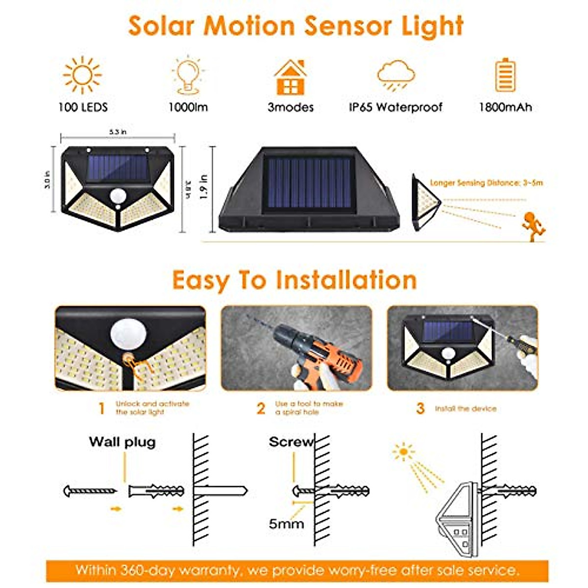 Solar Lights Outdoor - Solar Wall Light 100 LEDs Wireless Solar Motion Sensor Security Lights with 270° Wide Angle IP65 Waterproof 3 Optional Mode for Garden Patio Yard Front Door Garage Porch,4 Pack