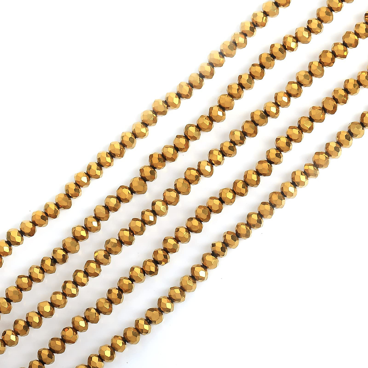 10 Strands 4mm Rondelle Crystal Glass Beads, Micro 48 Faceted Tiny Glass Beads Diamond Cut Gemstone Strand Loose Beads Sparkly Beads for DIY Jewelry Making,Gold