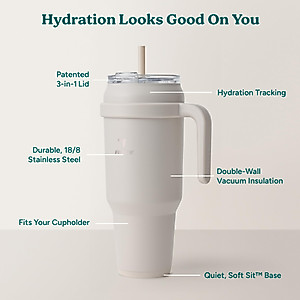 REDUCE Reusable 50 oz Cold1 Water Tumbler – Ergonomic Handle – Double-Wall Insulation – Sturdy Desktop/Tabletop Mug with Lid and Straw – BPA-Free – Stainless Steel for Gym, Home, Office – Casa Blanca