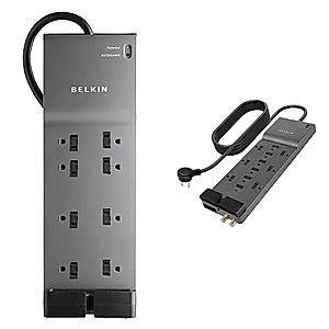 Belkin BE108230-06 8-Outlet Power Strip Surge Protector w/Flat Plug, 6ft Cord (3,550 Joules),Black & 12-Outlet Power Strip Surge Protector w/ 8ft Cord (3,940 Joules), Gray