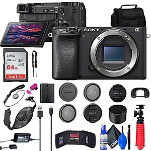 Sony a6400 Mirrorless Camera (ILCE-6400/B) + 64GB Card + Card Reader + Case + Flex Tripod + Hand Strap + Memory Wallet + Cap Keeper + Cleaning Kit (Renewed)