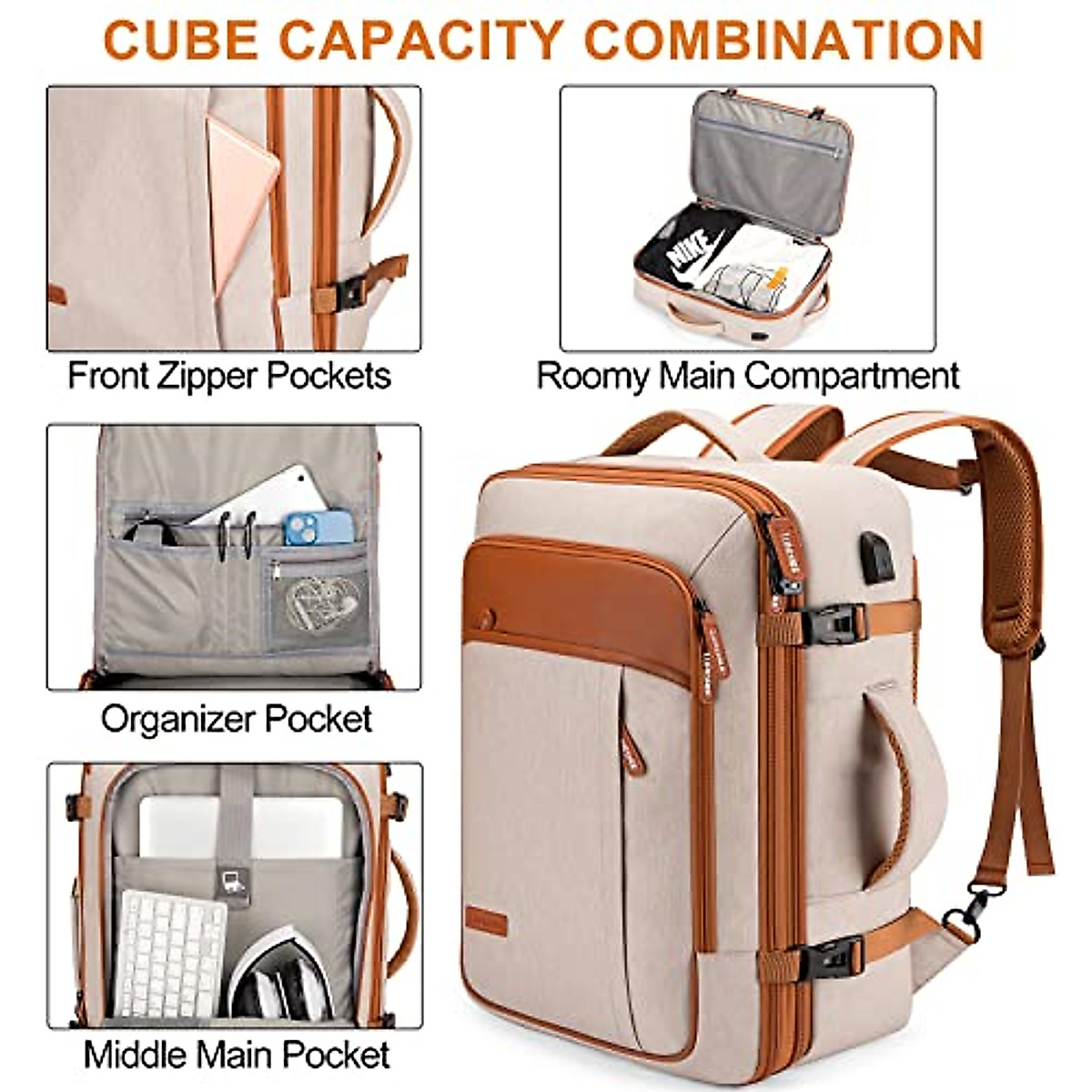 Lumesner Carry on Backpack, Extra Large 40L Flight Approved Travel Backpack for Men & Women,Expandable Large Suitcase Backpacks With 4 Packing Cubes,Water Resistant Luggage Daypack Weekender Bag,Beige