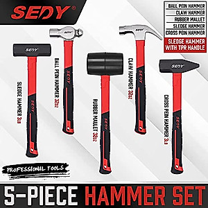 SEDY 5-Piece Hammer Set - 24oz Ball Pein Hammer | 22oz Claw Hammer | 32oz Rubber Mallet | 3lb Sledge Hammer | 3lb Cross Pein Hammer