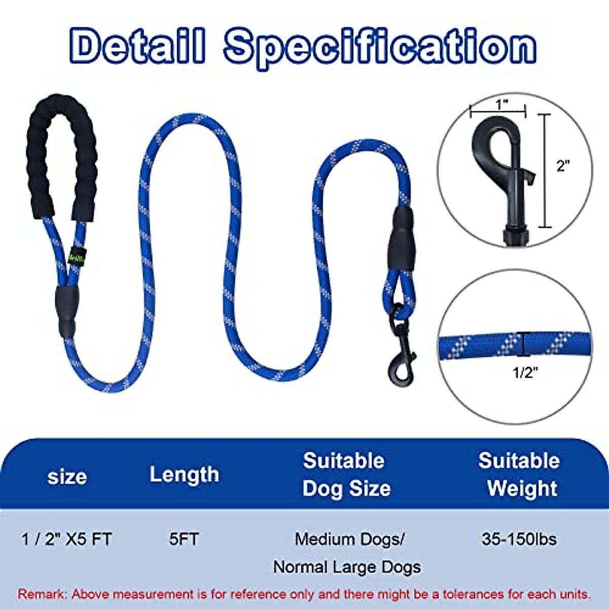 Brilliant Paw Strong Rope Dog Leash 5Ft, Durable Nylon Dog Leash, Dog Lead, with Highly Reflective Thread and Comfortable Soft Padded Handle, Heavy Duty Dog Leash for Medium, Large Dog, Navy Blue…