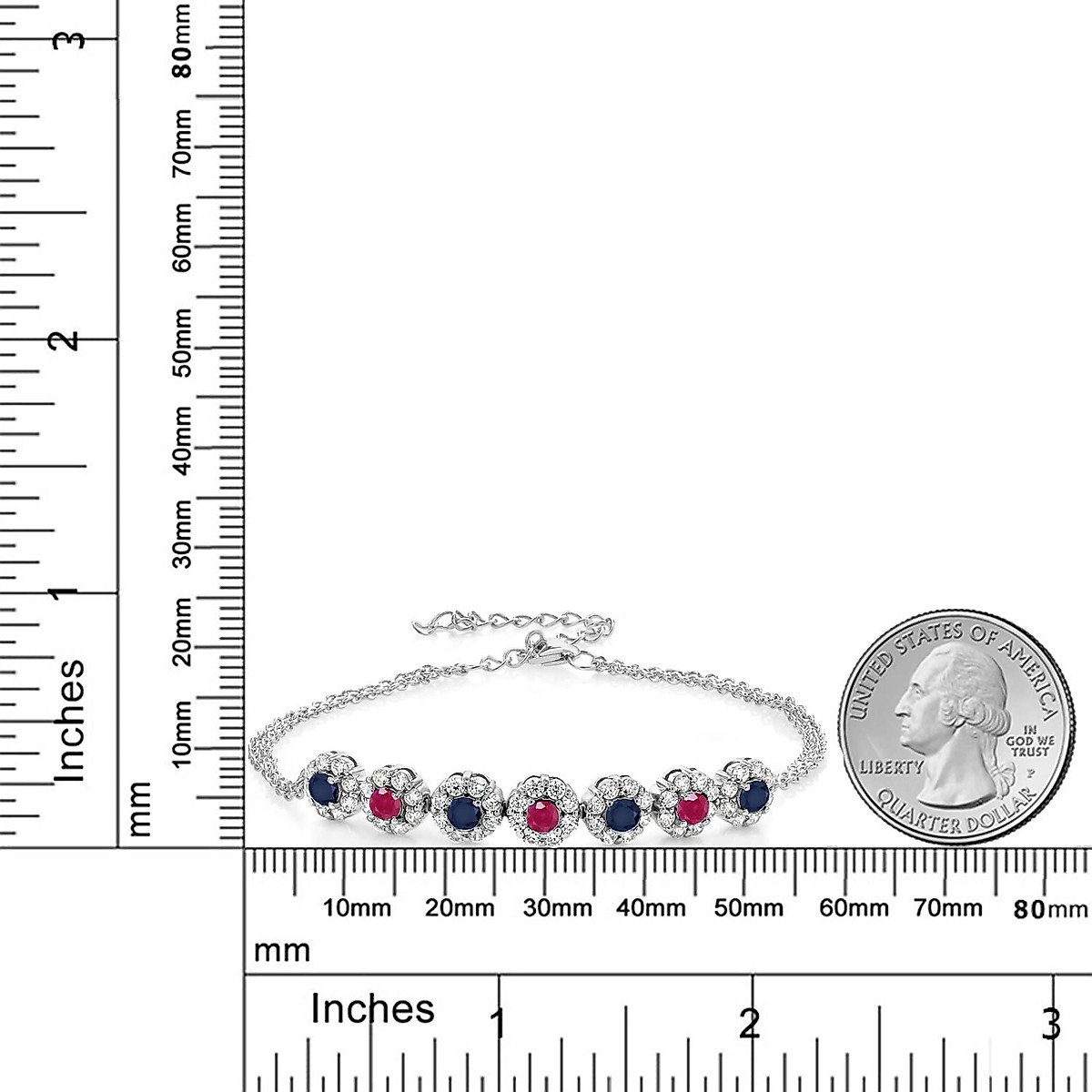 Gem Stone King 925 Sterling Silver Blue Sapphire and Red Ruby Tennis Bracelet For Women (2.59 Cttw, Gemstone September Birthstone, 7 Inch with 2 Inch Extender)