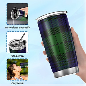 Yasala Tumbler Tartan Plaid Green Blue Insulated Coffee Cup Beverage Container Travel Mug with Straw and Lid Double Wall Stainless Steel 20oz BPA-Free for Sport, Back to School