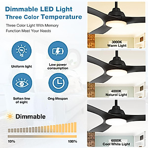 warmiplanet Ceiling Fan with Lights Remote Control, 42-Inch, DC Motor, 6 Speed, Dimmable LED Light, Black, 3-Blades