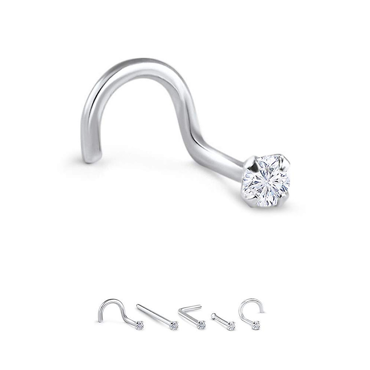 14k White Gold L Bend Nose Stud Ring 2.5mm Clear Round CZ 18G