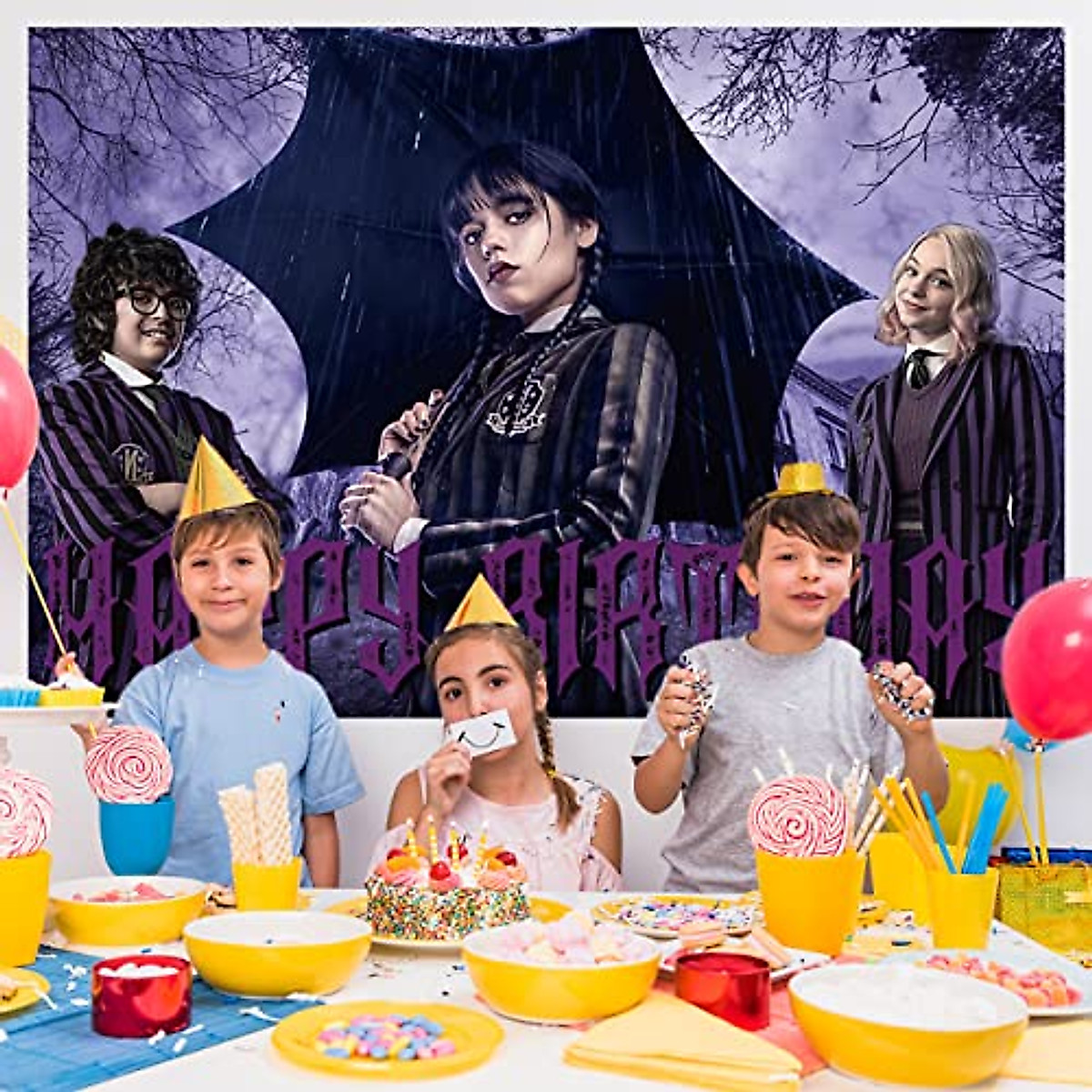 Wednesday Addams Birthday Banner Photography Backdrop Addams Party Background Wednesday Party Supplies 5x3Ft Addams Backdrop for Kids Birthday Decoration Baby Shower Photography Banner