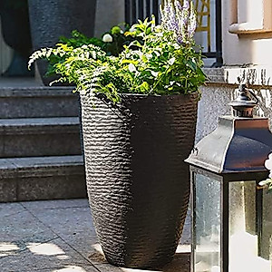 Worth Garden 21" H Tall Planters 2 Pack - 14'' Dia Resin Large Round Black Flower Pots for Outdoor Plants Trees - Imitation Stone Finish Plastic Indoor Front Porch 9 Gallon Decorative Container Patio
