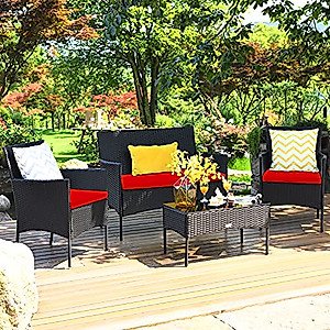 Tangkula 4 Piece Patio Furniture Set, Outdoor Wicker Conversation Set with Tempered Glass Coffee Table, Rattan Loveseat & Chairs Set with Seat Cushions for Backyard, Garden, Poolside (1, Red)