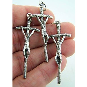 Silver Toned Base Papal Cross Crucifix Pendant for Prayer Rosary, Lot of 3, 1 1/2 Inch